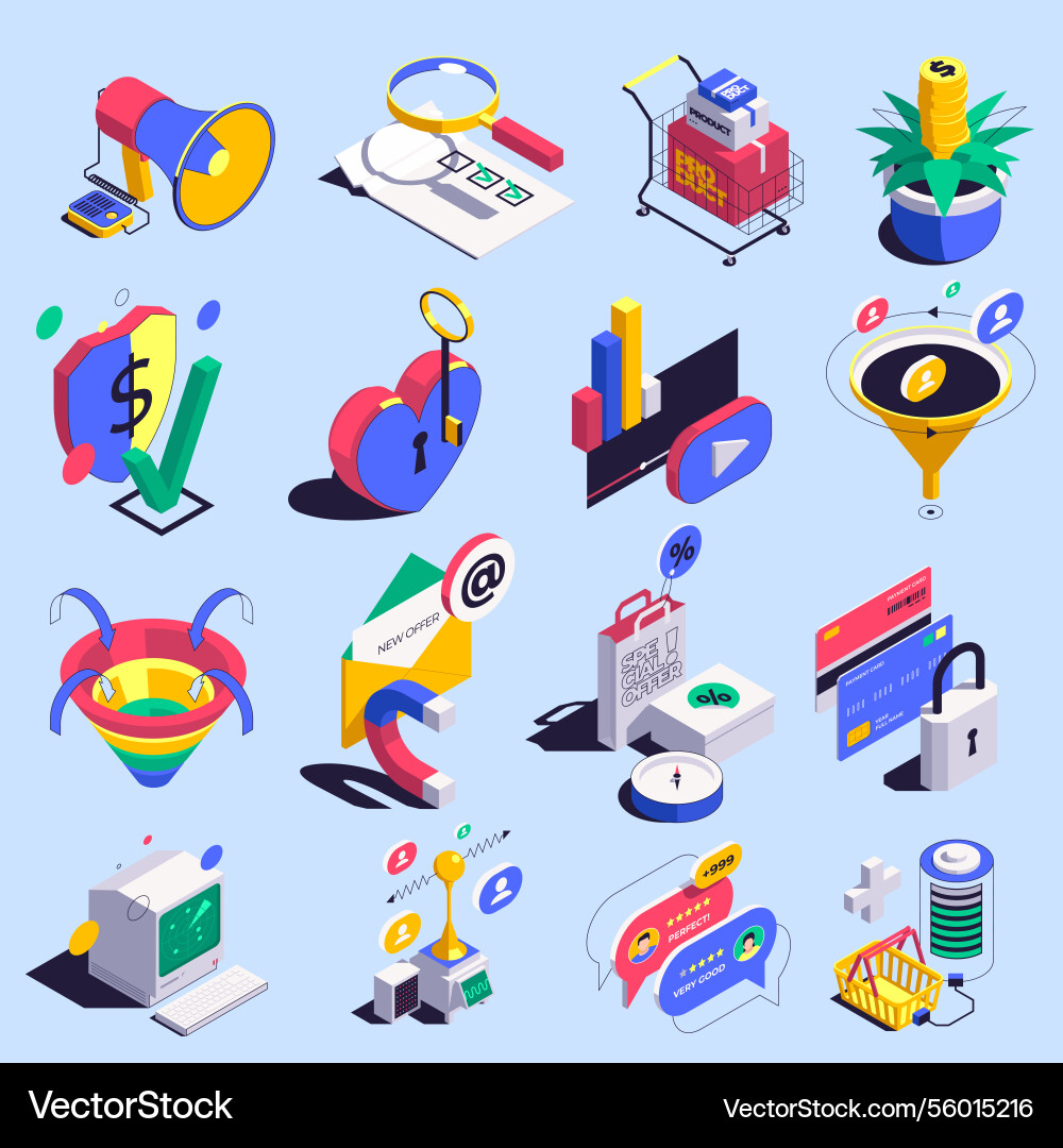 Sales funnel isometric original set Royalty Free Vector