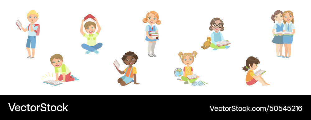 Smart children reading book study and learning Vector Image