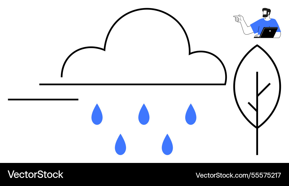 Cloud raining man pointing and tree outline Vector Image