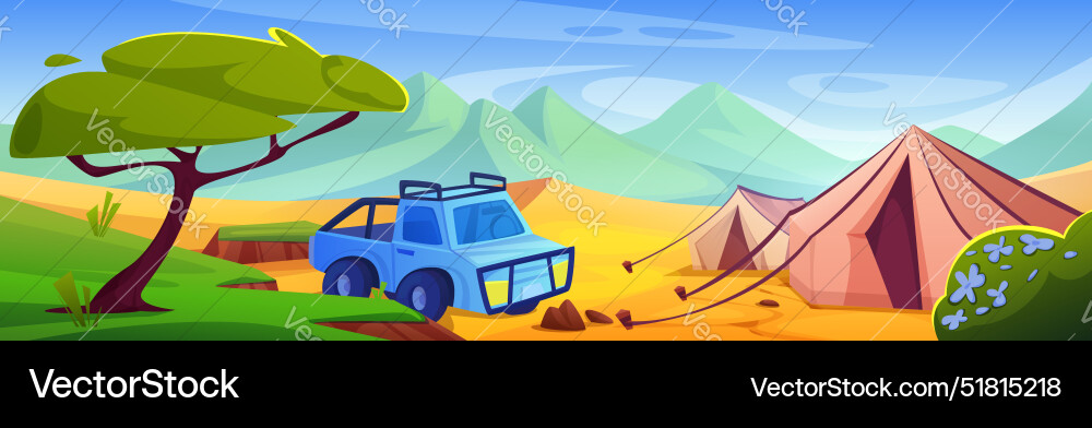Desert camp with auto and tent Royalty Free Vector Image
