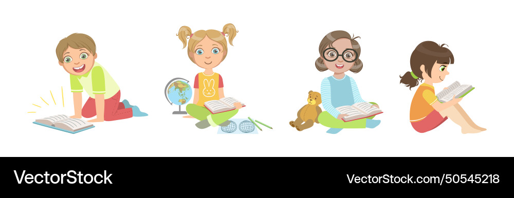 Smart children reading book study and learning Vector Image