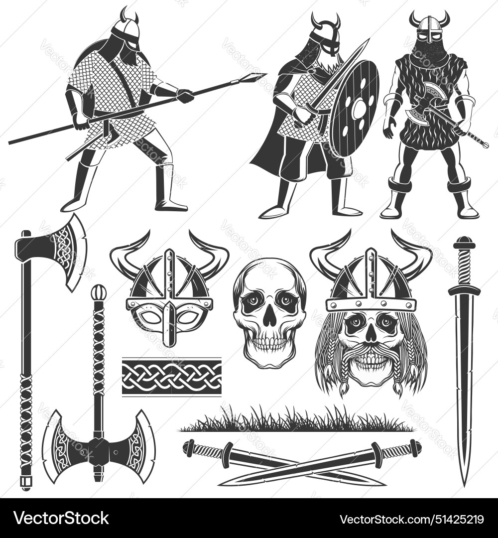 Set of monochrome viking elements Royalty Free Vector Image