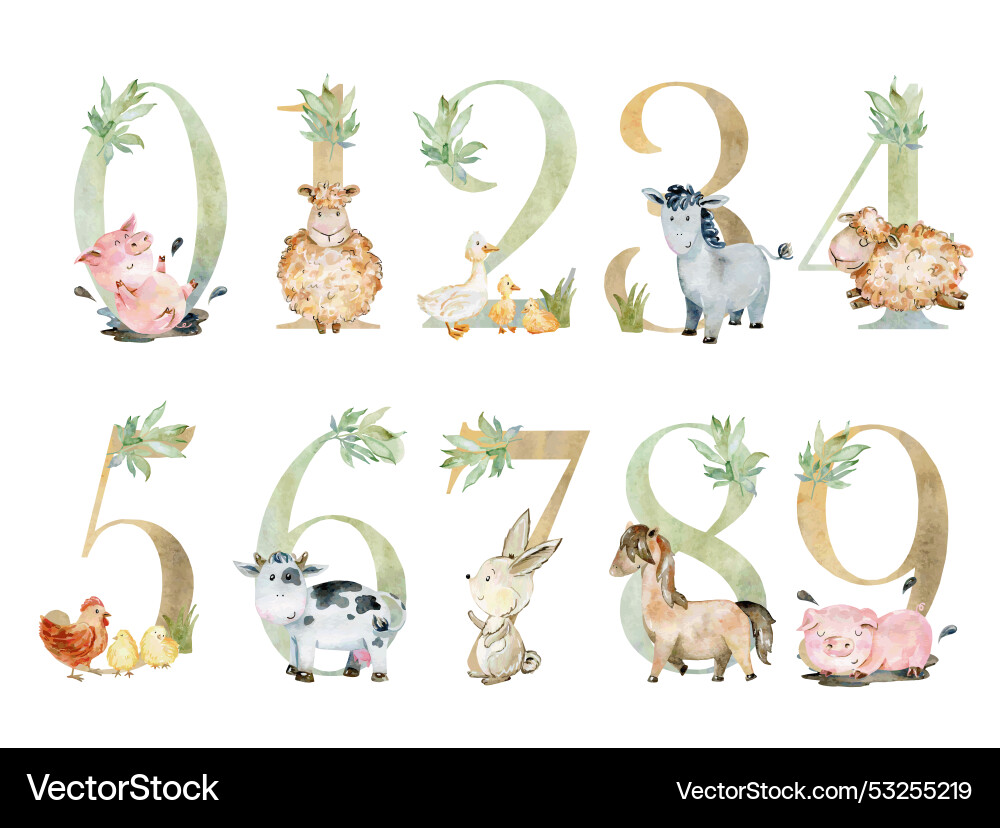 Watercolor farm animals numbers Royalty Free Vector Image
