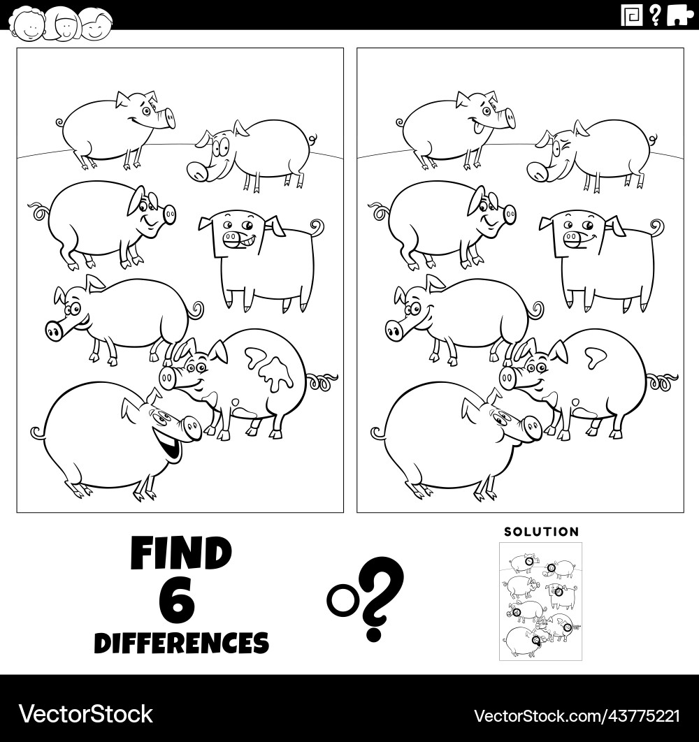 Differences game with cartoon pigs farm animals Vector Image
