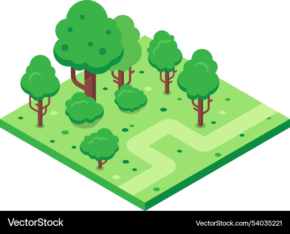 Isometric parkland featuring a winding path trees Vector Image