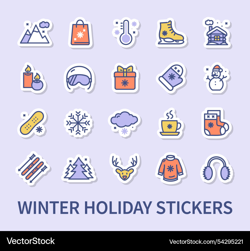 Winter holiday sticker color thin line icon set Vector Image