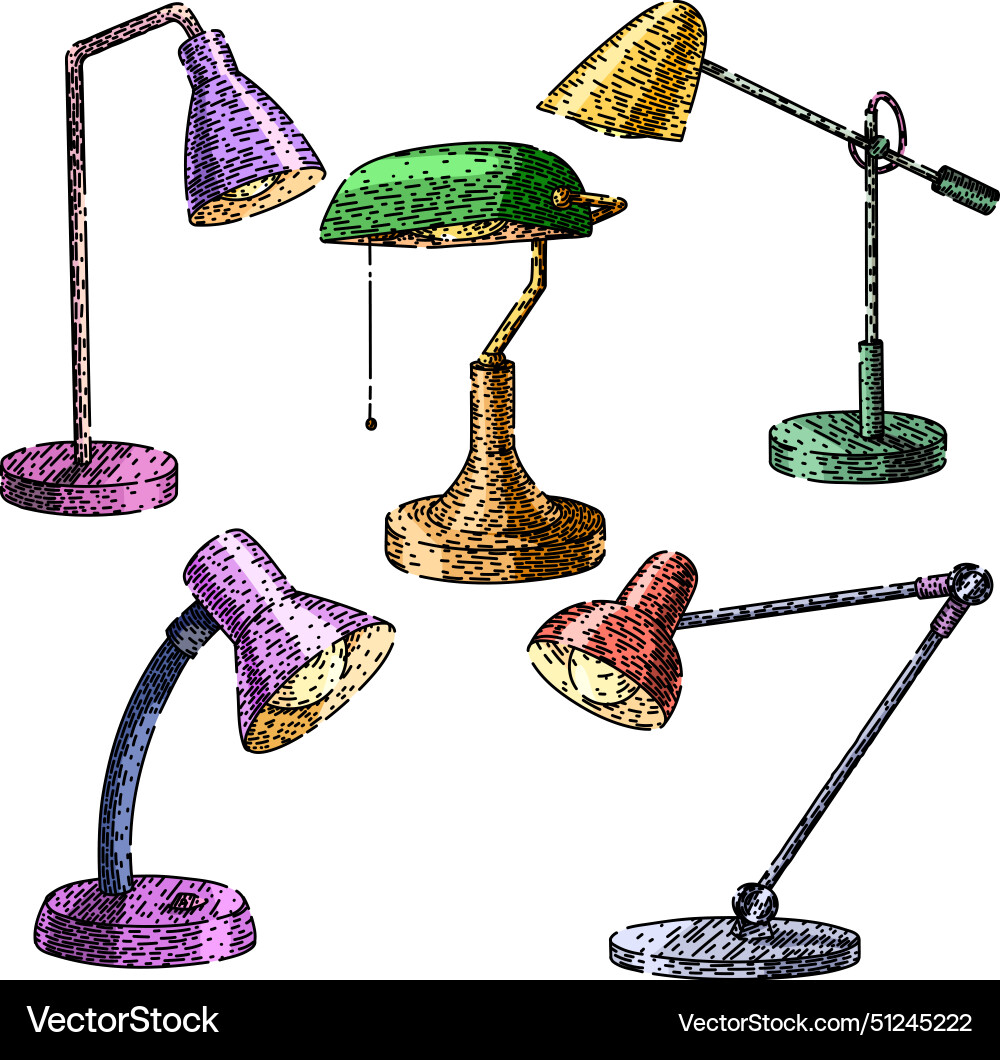 Desk lamp set sketch hand drawn Royalty Free Vector Image