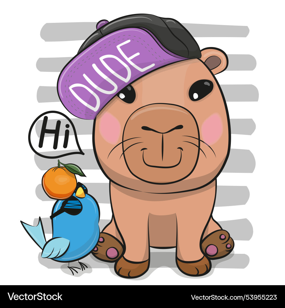 Cartoon capybara in cap with bird Royalty Free Vector Image