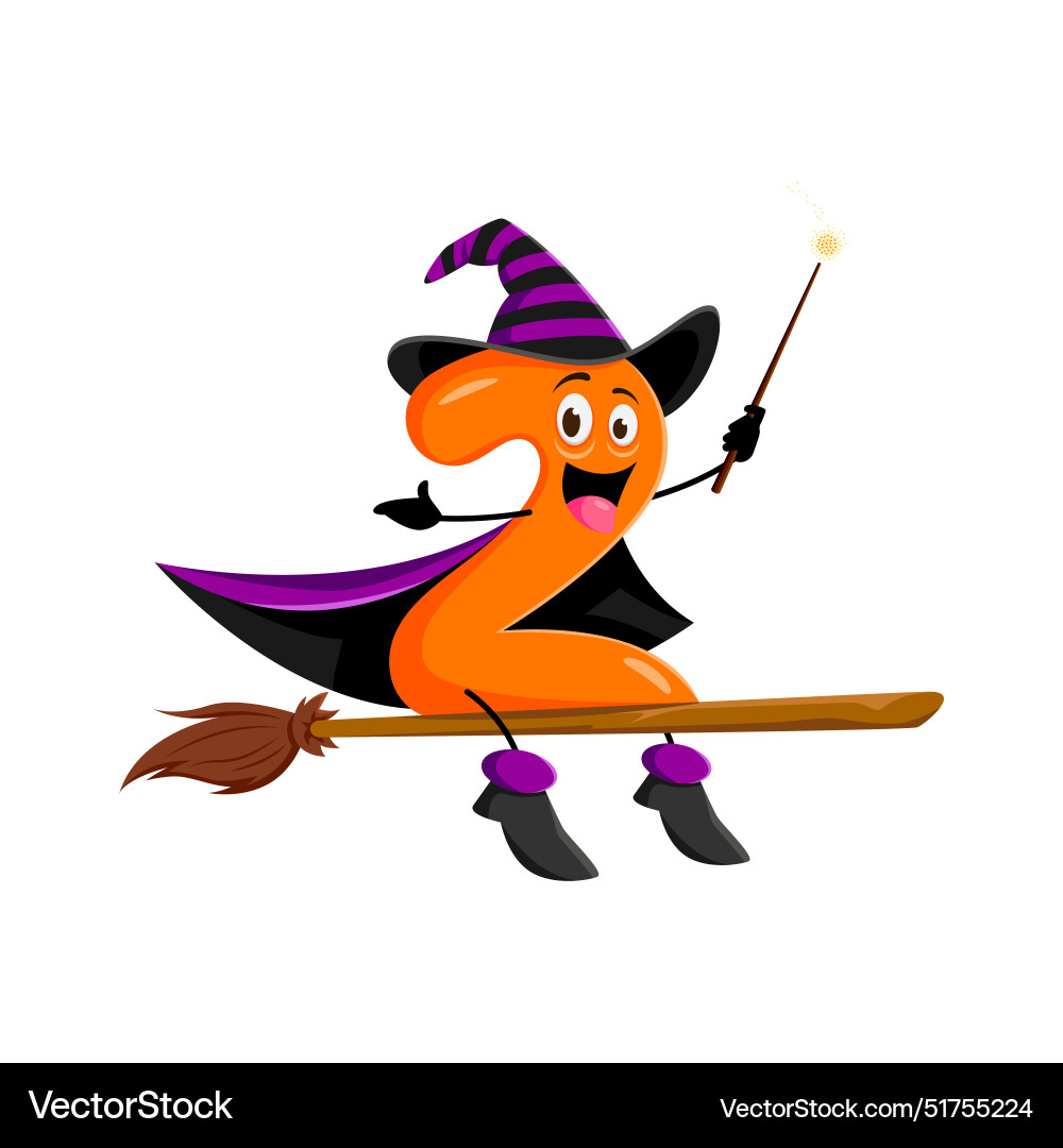 Cartoon math number two character rides a broom Vector Image
