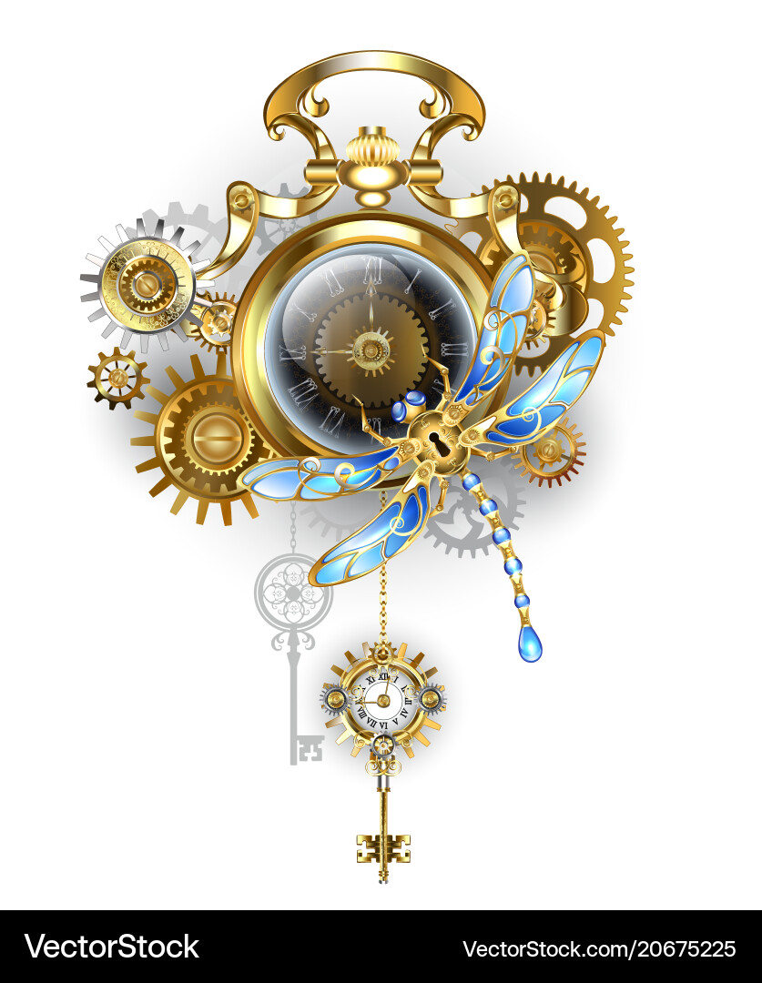 Steampunk clock with mechanical dragonfly Vector Image