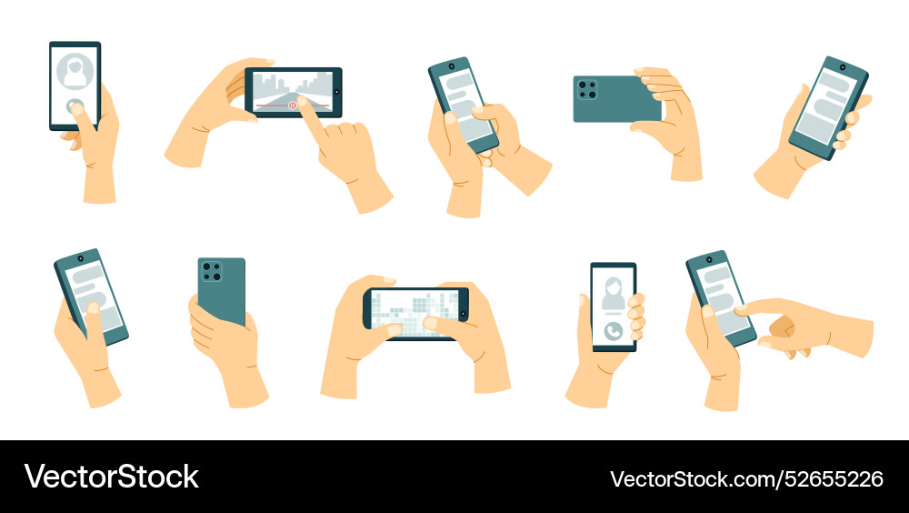 Hand holding phone using applications tapping Vector Image