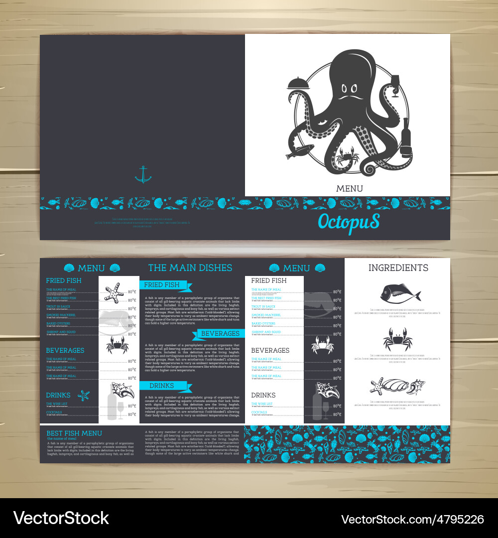 Seafood cafe menu design with octopus Royalty Free Vector