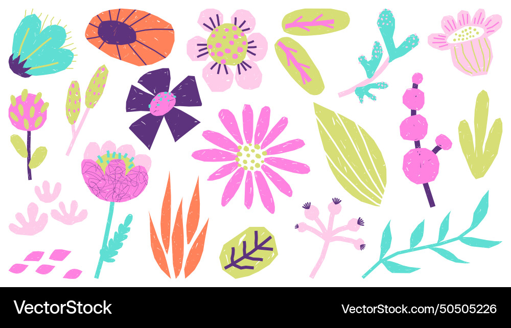 Set of abstract childish botanical elements Vector Image