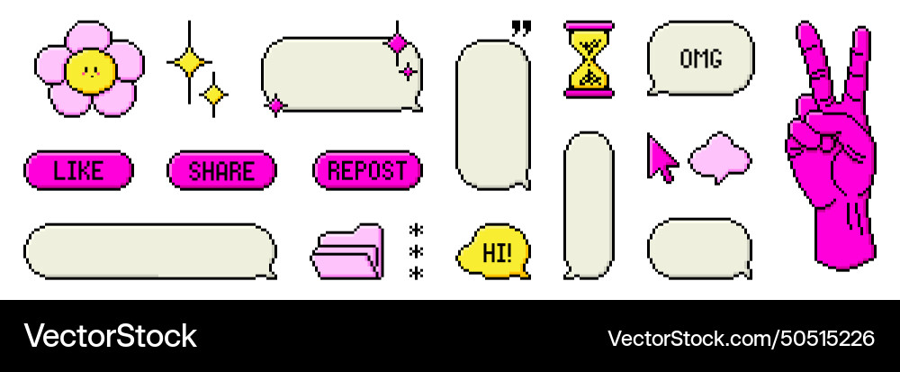 Set of pixel art dialogue box and elements Vector Image