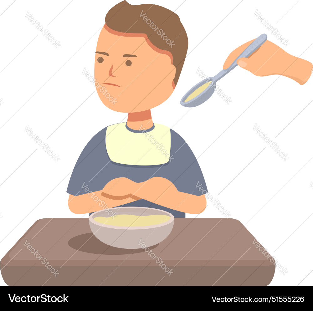 Stubborn kid refusing to eat sitting at table Vector Image