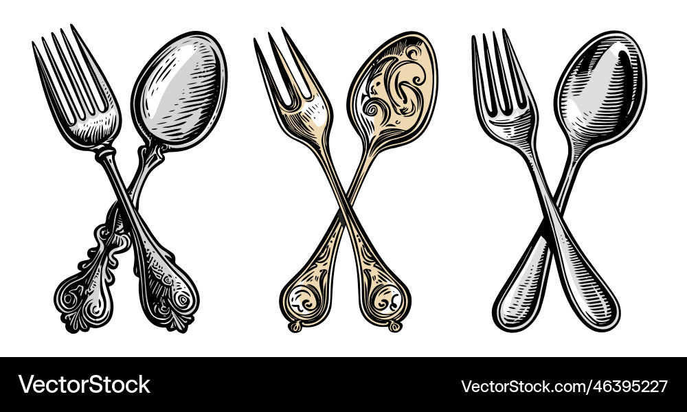 Crossed fork and spoon set of elements Royalty Free Vector
