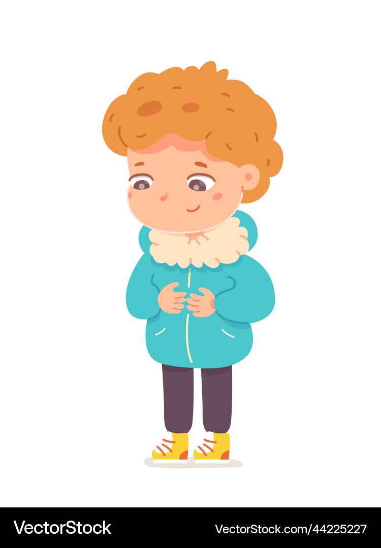 Cute boy holding zipper on warm winter jacket Vector Image