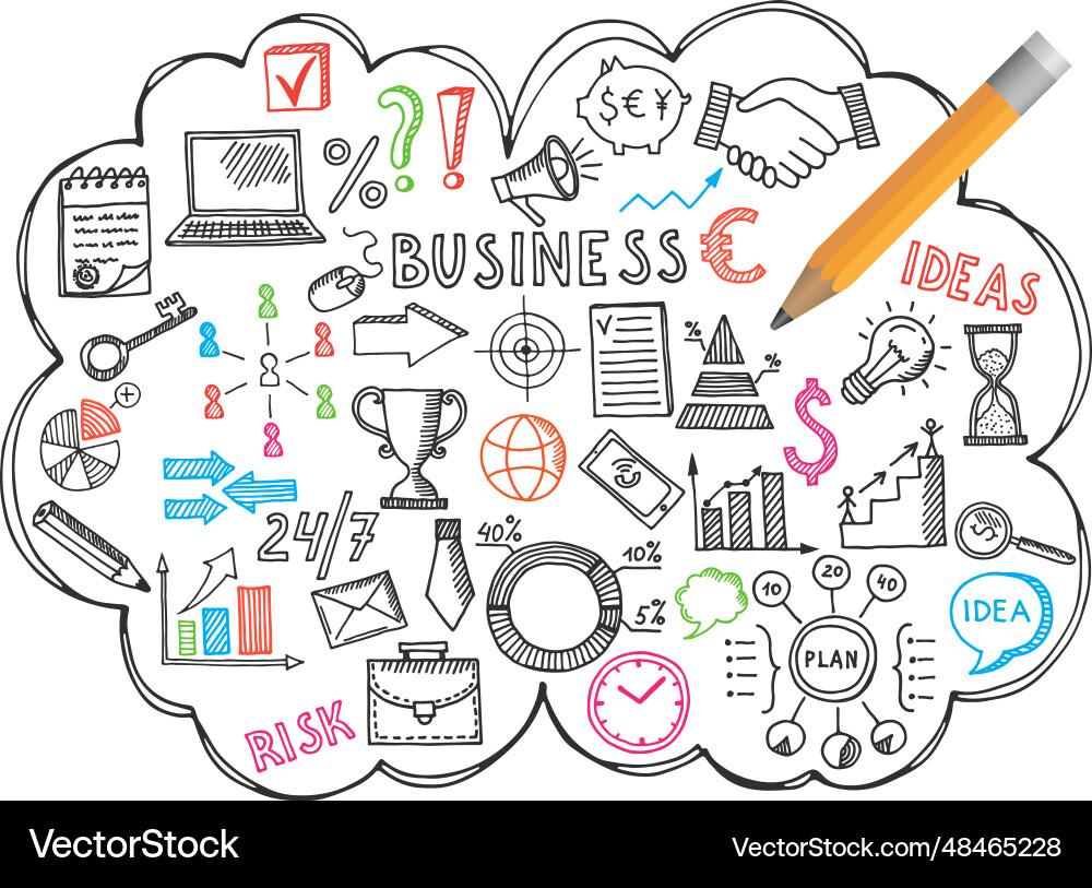 Business doodle icons hand drawn work symbols Vector Image