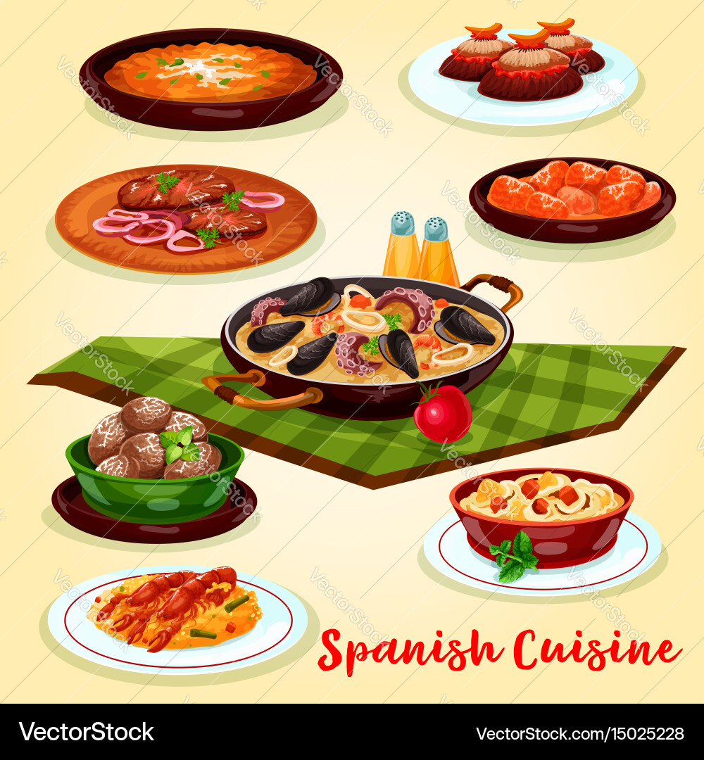 Spanish cuisine dinner menu cartoon poster design Vector Image