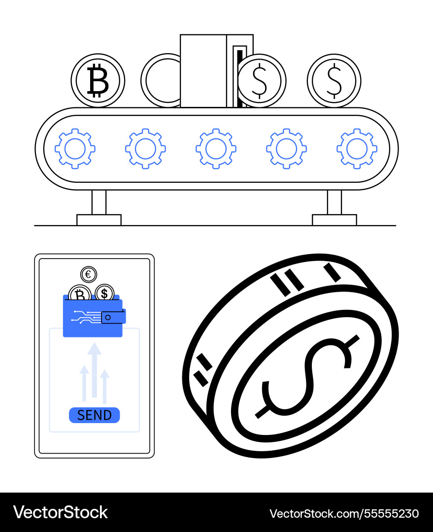 Automated cryptocurrency and money processing Vector Image