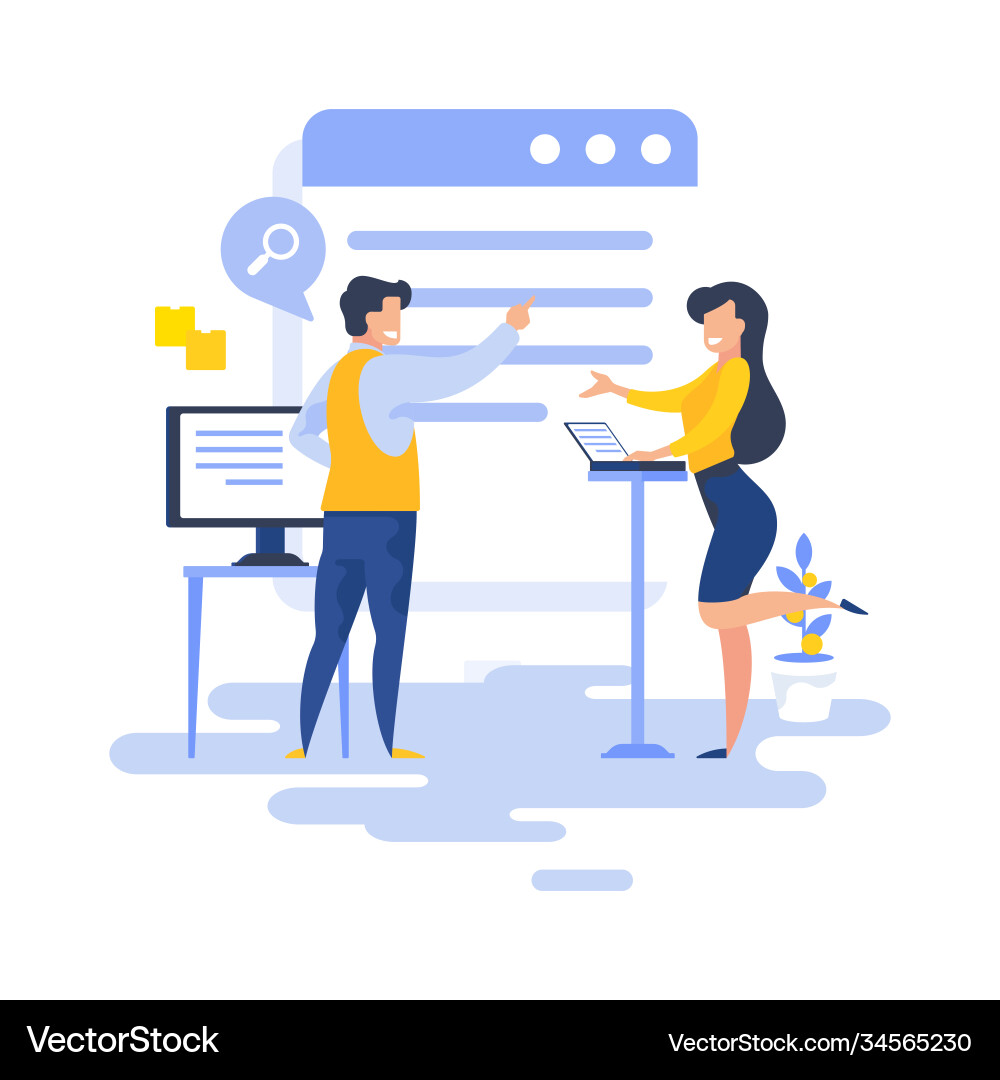 Cartoon colleagues searching data together Vector Image
