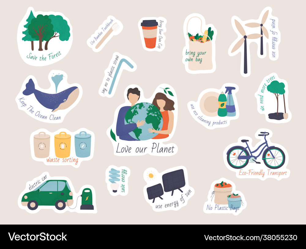 Collection ecology stickers with slogans Vector Image