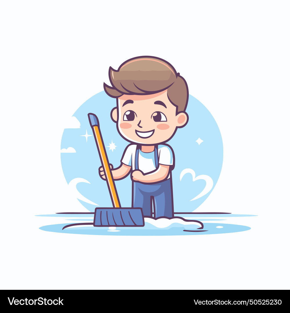 Cute boy cleaning the floor with a broom Vector Image