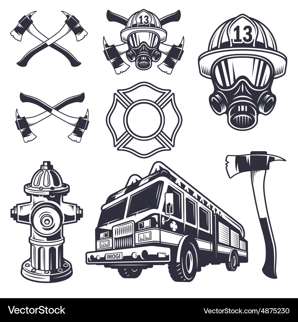 Set of designed firefighter elements Royalty Free Vector