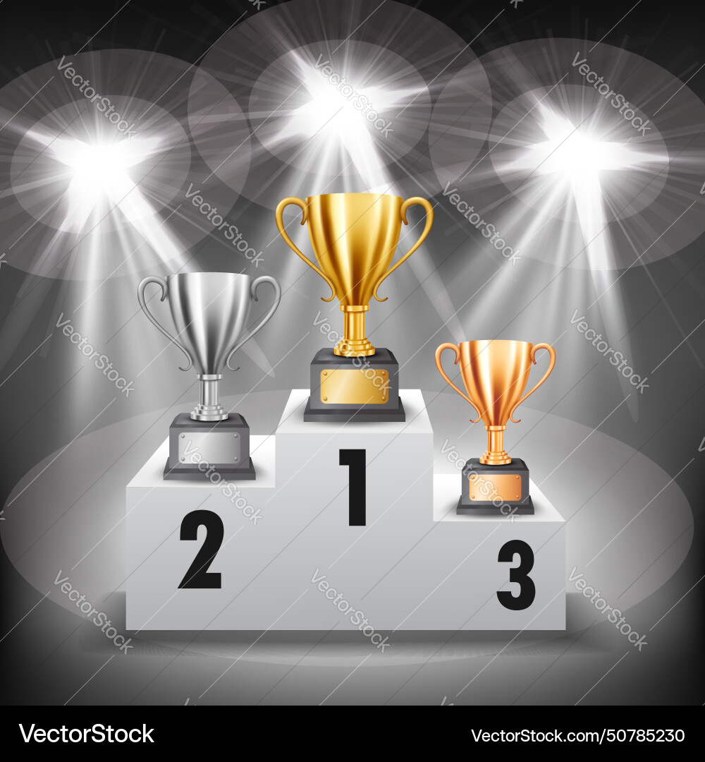 Winner podium with 3 trophies illuminated Vector Image