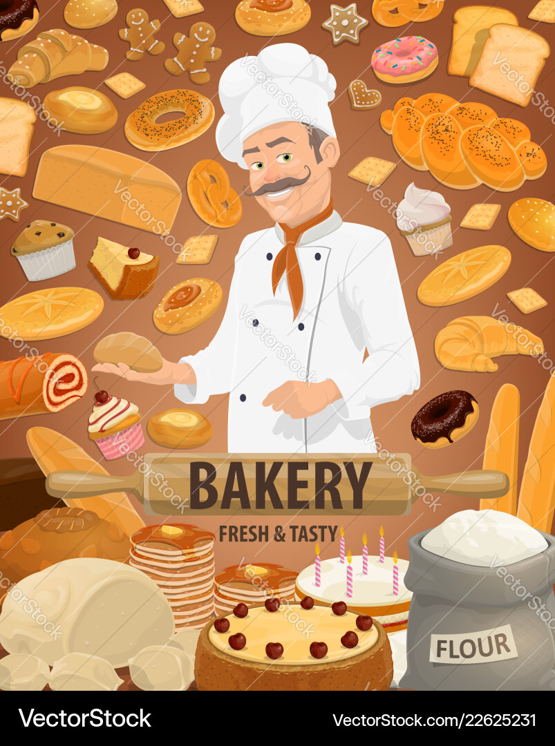Bread pastries and baker bakery shop Royalty Free Vector