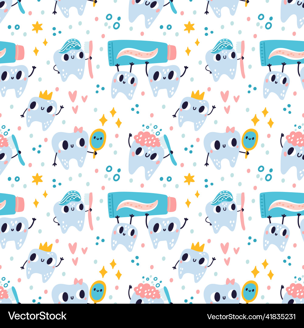 Cute teeth seamless pattern funny little dental Vector Image
