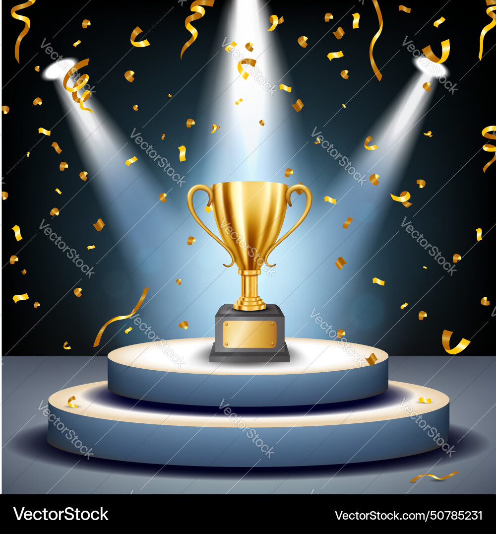 Realistic gold trophy on stage with confetti Vector Image