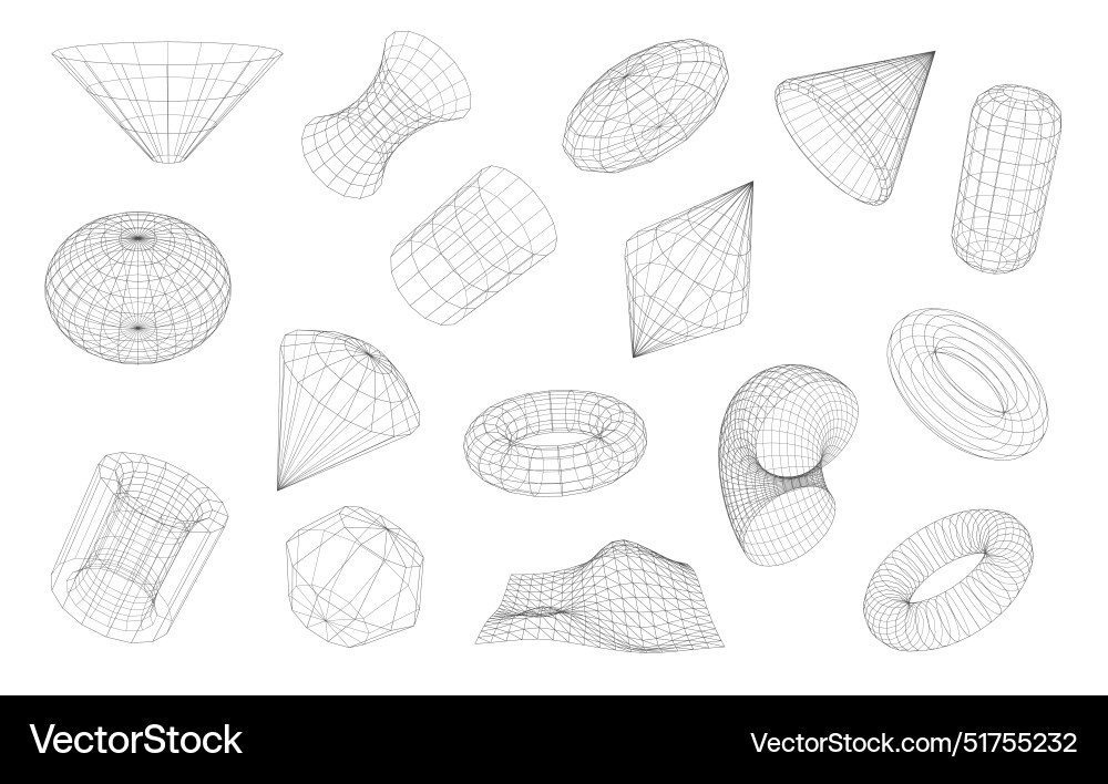 3d wireframe shapes geometric volumetric figures Vector Image