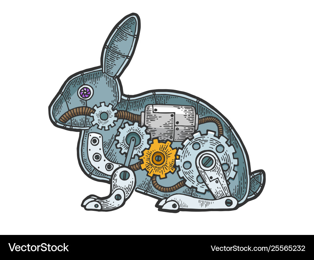 Mechanical rabbit animal color sketch engraving Vector Image
