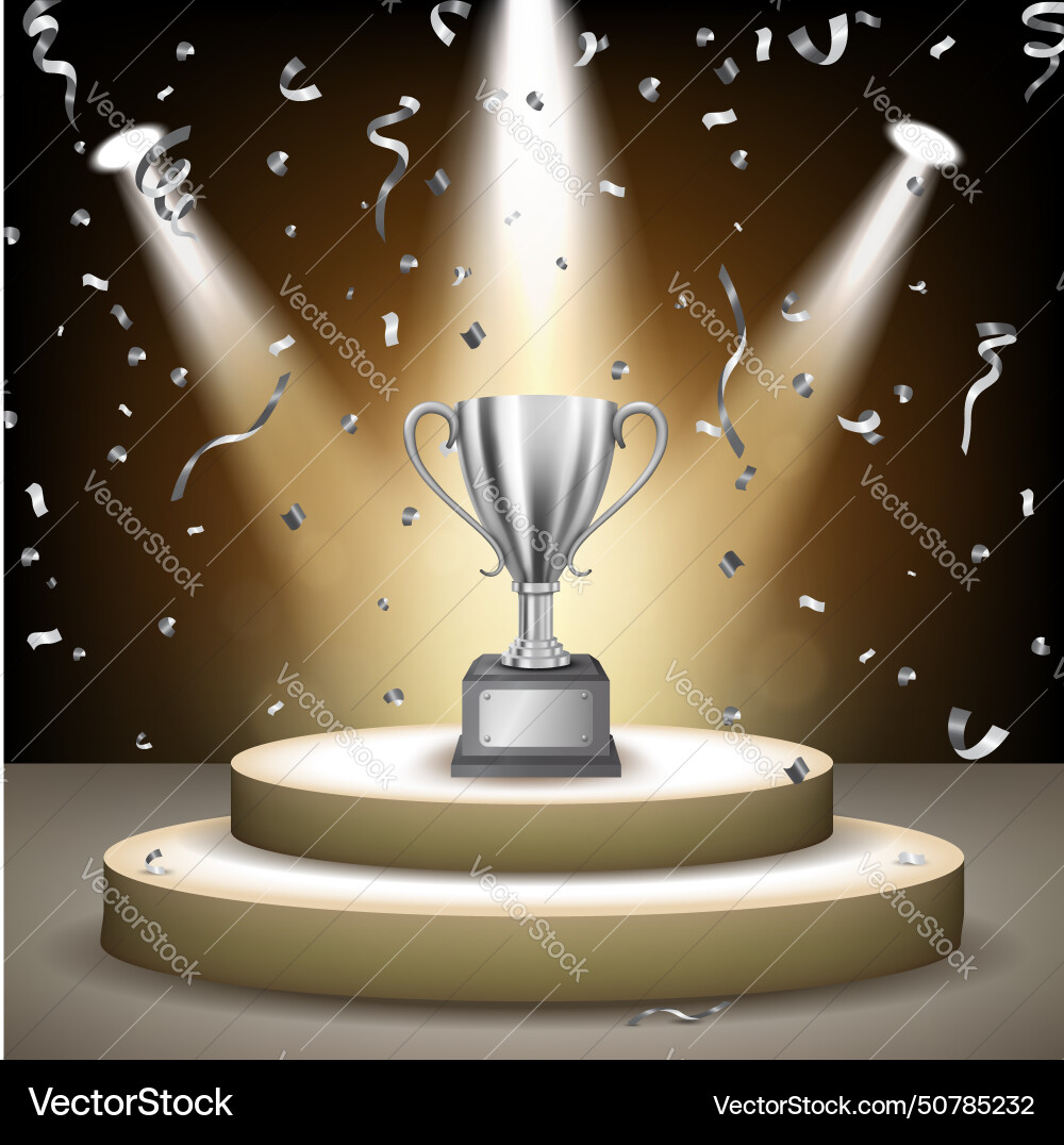 Realistic silver trophy on stage with confetti Vector Image
