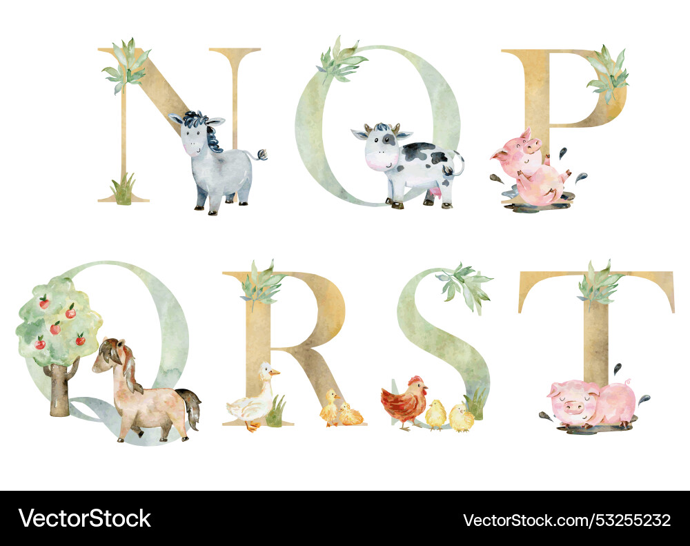 Watercolor farm animals letters Royalty Free Vector Image