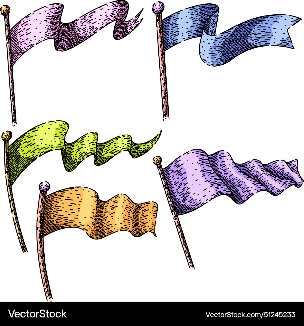Flag waving set sketch hand drawn Royalty Free Vector Image