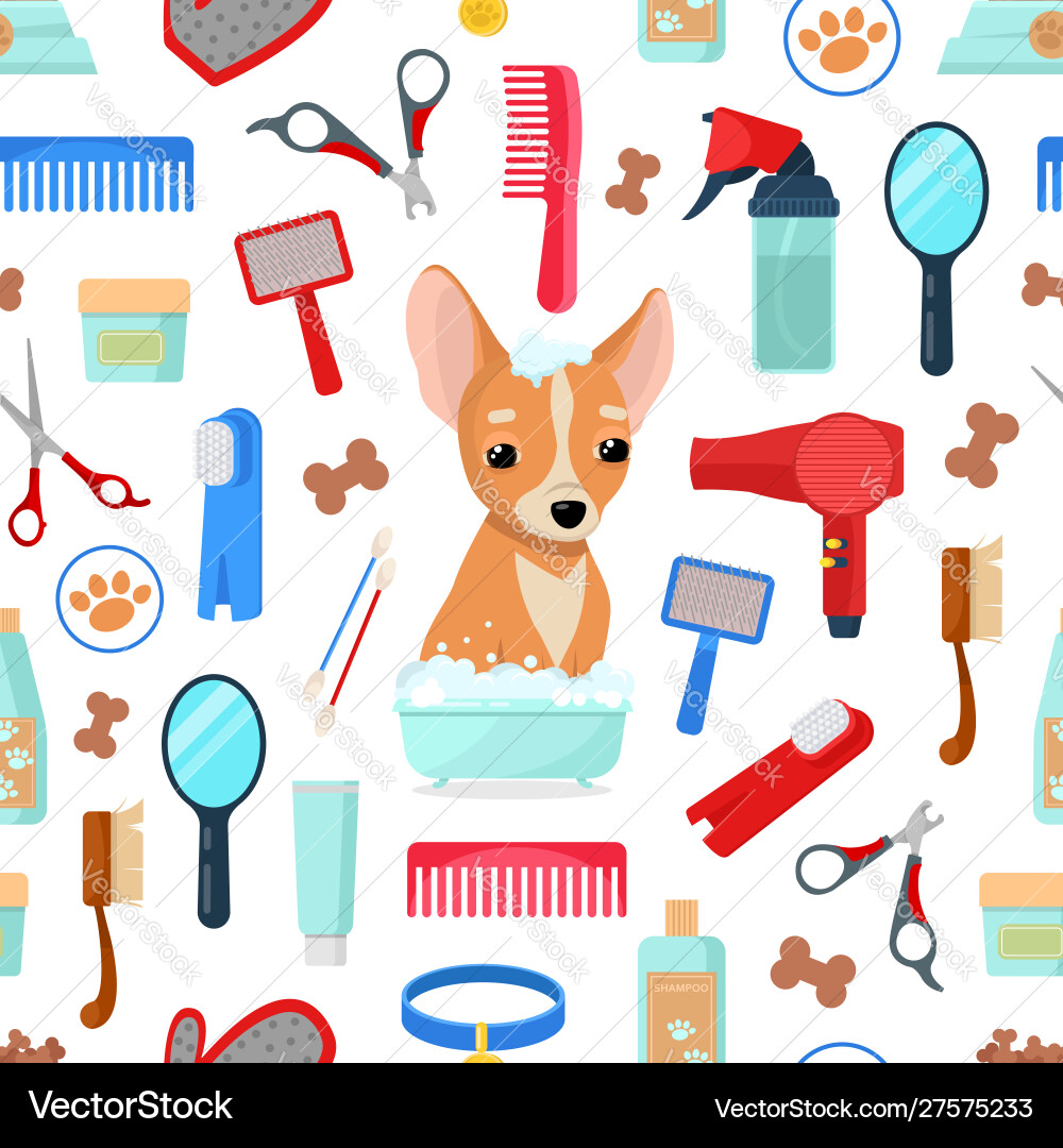Pattern with grooming tools and dog Royalty Free Vector