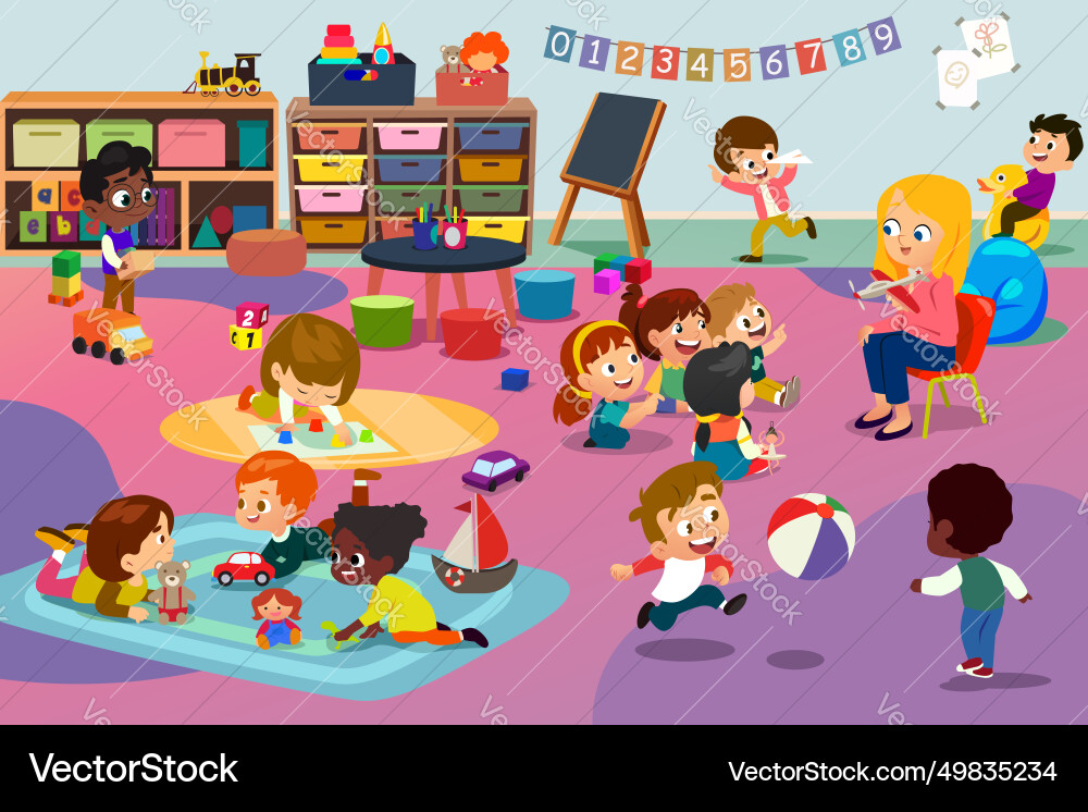 Kindergarten students in their classroom Vector Image