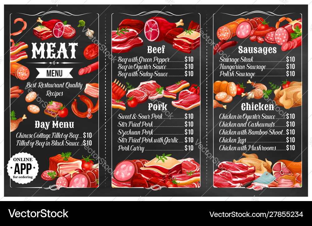 Menu grilled meat sausages beef pork chicken Vector Image