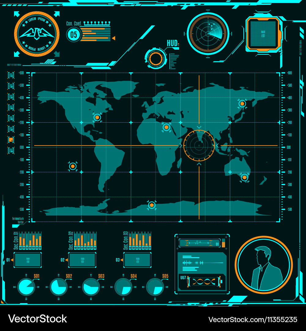 Hud navigation map screen elements Royalty Free Vector Image