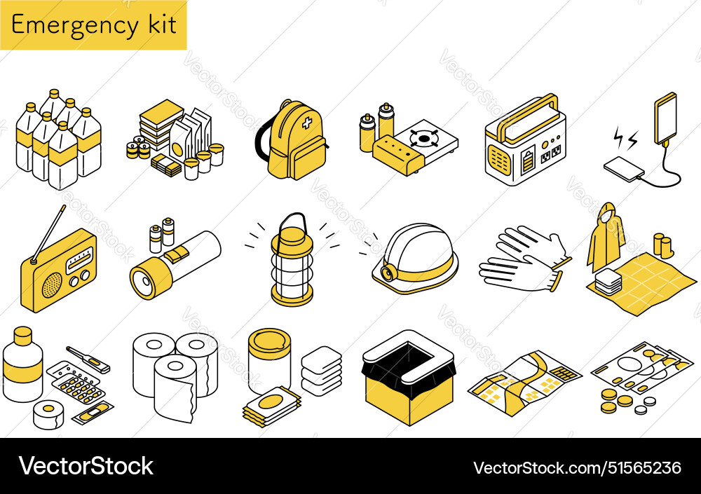Simple line drawing of emergency kit isometric set