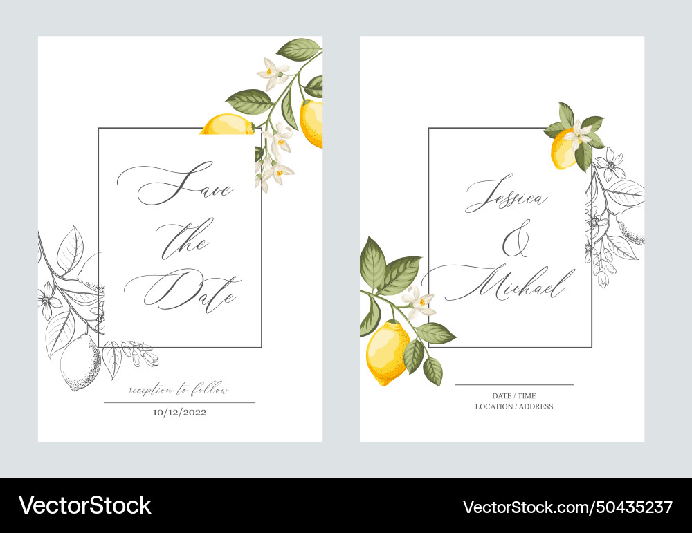 Wedding invitation lemon hand-drawn Royalty Free Vector