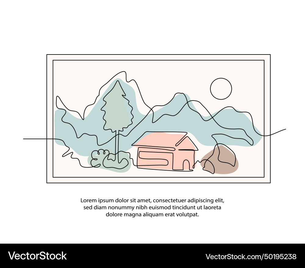 One line nature hut view poster drawing Royalty Free Vector