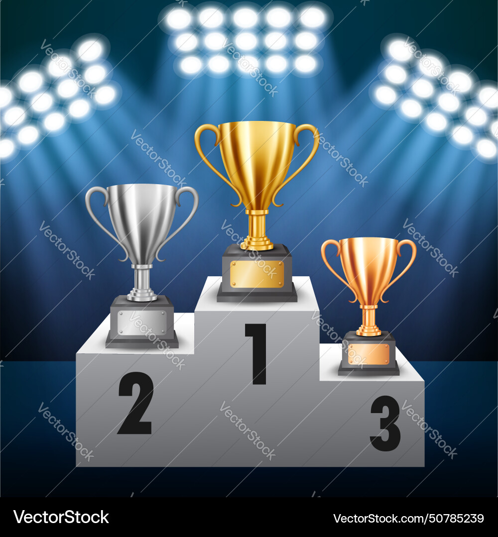 Championship with 3 trophies on podium Royalty Free Vector