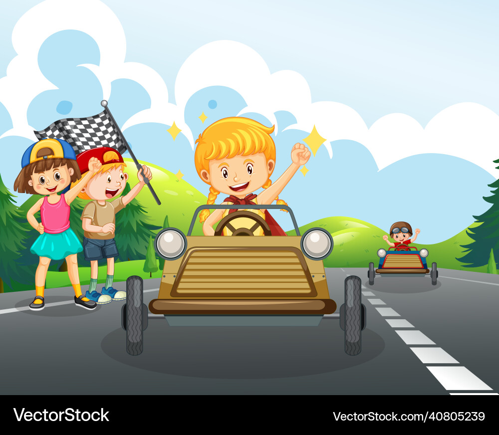 Road scene with children racing car Royalty Free Vector