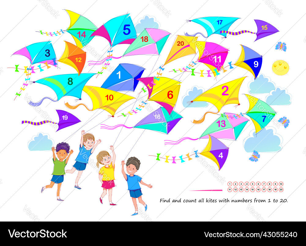 Counting Kites Numbers 1-20 Kids Game Royalty Free Vector