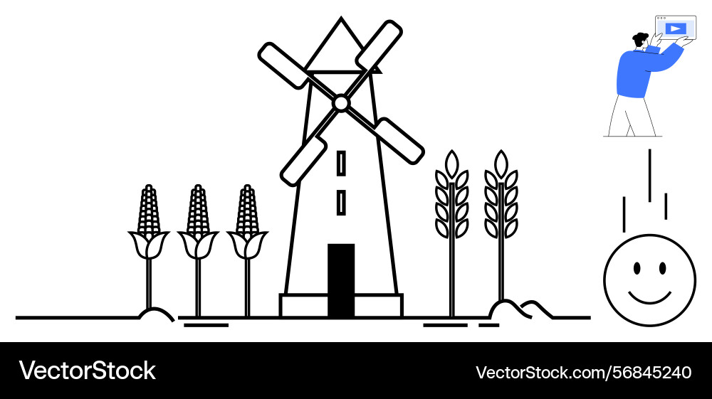 Farm windmill with harvested crops smiling face Vector Image