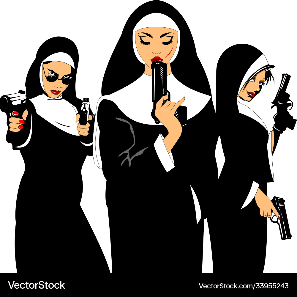 Three nuns with guns Royalty Free Vector Image