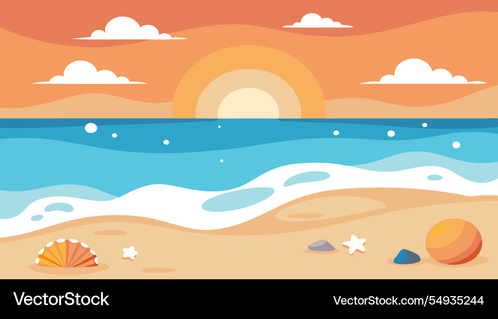 Beachscape at sunrise with shimmering waves Vector Image